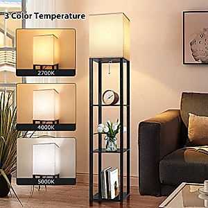 Floor Lamp with Shelves for Living Room, Shelf Floor Lamp with 3 CCT LED Bulb, Corner Display Standing Column Lamp Etagere Organizer Tower Nightstand with White Linen Shade for Bedroom, Office