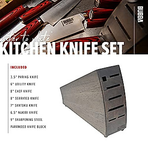 BUBBA Kitchen Knife Set for all your kitchen cutting needs with G10 Handles, Premium German Stainless Steel and a Parawood Knife Block.
