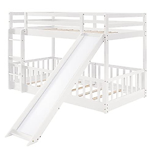 FIQHOME Twin Over Twin Bunk Bed with Slide and Ladder,Floor Bunk Bed for Kids Toddlers, Wood Low Bunk Beds Frame with Ladder and Fence for Boys Girls Teens,White