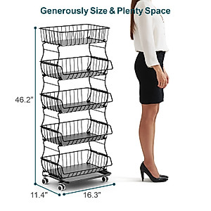 iSPECLE 5 Tier Fruit Basket Stand, Fruit and Vegetable Storage Add Extra Space Large Vegetable Basket Air Cycle Well Made for Kitchen Store Potatoes and Onions with Wheels, Black