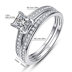 AVECON 1.35ct Princess Cut Engagement Ring 925 Sterling Silver Wedding Ring Set for Women Princess Cut Cubic Zirconia Bridal Ring Sets Valentine's Day Gift Size 8