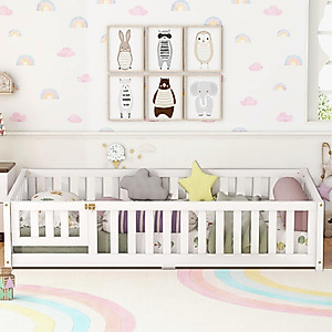 GEEVIVO Twin Size Montessori Floor Bed, Kids 1-3 Wooden Playhouse Bed Frame w/Door, Slats and Safety Fence, Floor-Bed-Frame for Children Bedroom, Boys Girls, Kids Playroom