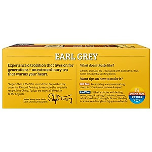 Twinings Earl Grey Black Tea, 100 Individually Wrapped Tea Bags, Flavoured With Citrus and Bergamot, Caffeinated, Enjoy Hot or Iced