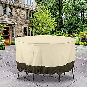 SunPatio Patio Furniture Covers, Waterproof Round Table and Chairs Cover for Patio Dining Set, All-Weather Outdoor Conversation Set Cover, Durable and Wind Resistant, Beige and Olive, 72" Dia x 30" H