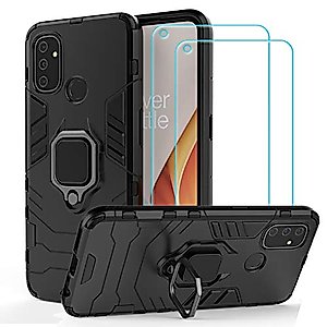Ytaland for Oneplus Nord N100 Case,with 2 x Tempered Glass Screen Protector. (3 in 1) Shockproof Bumper Defender Protective Phone Cover with Ring Kickstand (Black)