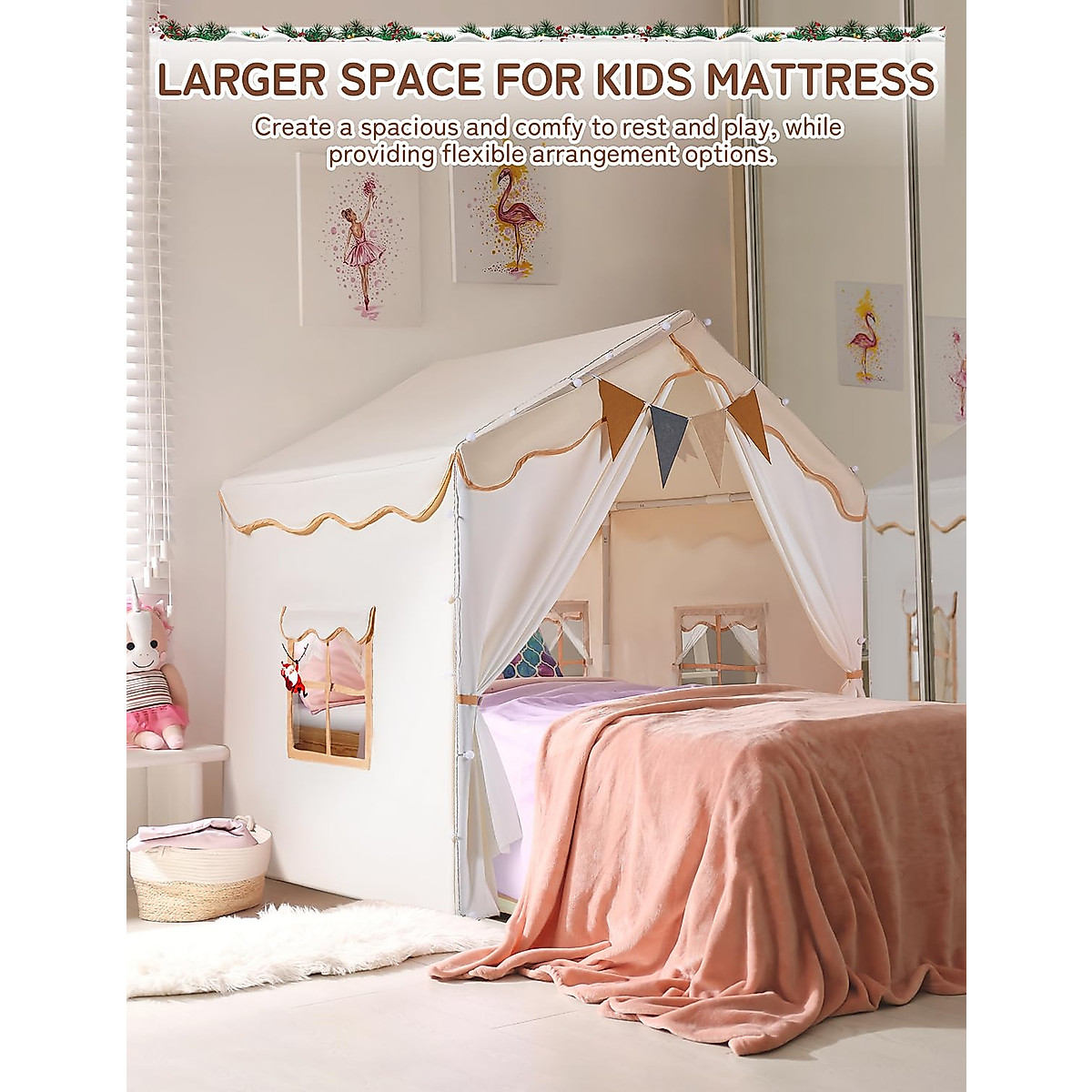 besrey Kids Tent, Kids Playhouse 2 in 1 with Padded Mat and Lights, Large Play Tent with 2 Doors & 4 Windows, Kids Play Tent Indoor & Outdoor, Christmas Toddler Tent for Kids, 51" x35" x 51"