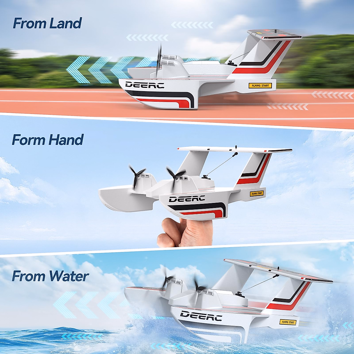 DEERC RC Plane for Water Land & Air, Amphibious Tri-Phibian Aircraft, 3CH Remote Control Plane W/ 2 Batteries, 2.4GHz RTF Airplane Glider for Boy Girl