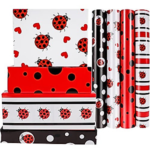 Konsait Ladybug Wrapping Paper Large Sheet Flat Gift Wrapping Paper For Men Women Boys and Girls Wrapping Paper Birthday 4 Different Designs 27.6 x 20.5 Inch - 12 sheets