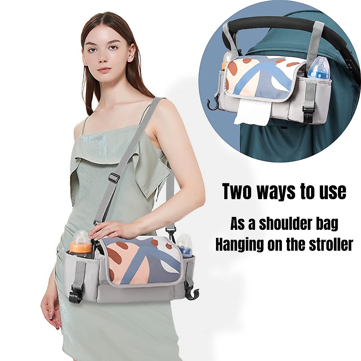 SPINSM Universal Stroller Organizer Bag with Insulated Cup Holder - Easy Access Wipes Pocket - Adjustable Shoulder Strap Fits for All Baby Stroller, Stroller accessories, Stroller Caddy (Black)