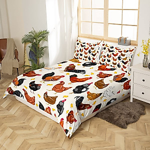 Feelyou Chicken Comforter Cover Cute Chicken Pattern Bedding Set for Boys Girls Children 3D Animals Theme Duvet Cover Room Decor Twin Size Quilt Cover 2Pcs