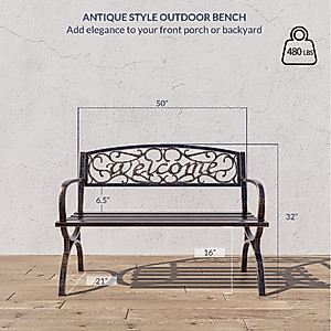 BELLEZE Outdoor Bench, 50-inch Patio Garden Bench, Cast Iron Metal Loveseat Chairs, for Park, Porch, Lawn, Balcony, Backyard, Garden Accessories, Welcome Design, Bronze