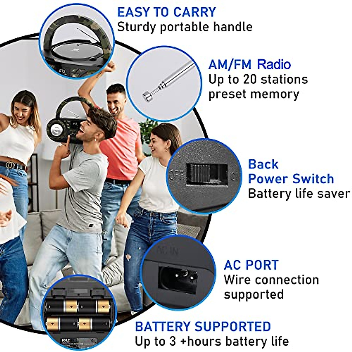 Pyle Portable CD Player Bluetooth Boombox Speaker - AM/FM Stereo Radio & Audio Sound, Supports CD-R-RW/MP3/WMA, USB, AUX, Headphone, LED Display, AC/Battery Powered, Camouflage - Pyle PHCD59.5