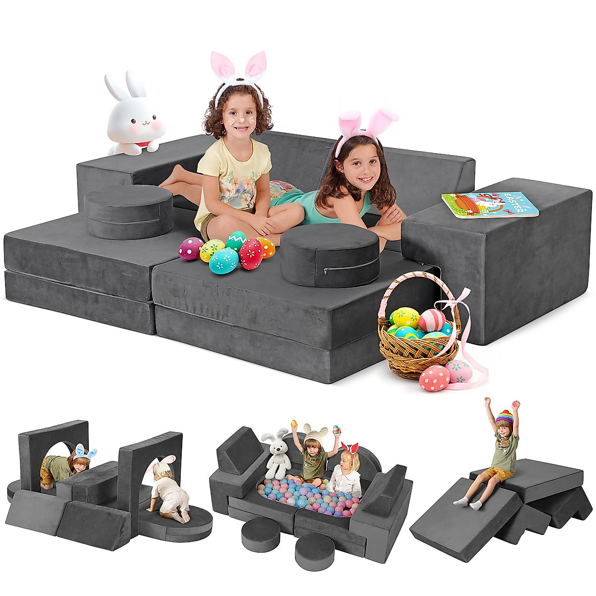 Kidirect Modular Kids Play Couch, K12 320+DIY Convertible Foam Couch for Boys & Girls, Versatile Foam Fort Building Set, Child Sectional Kids Sofa for Playroom Bedroom(Space Grey)