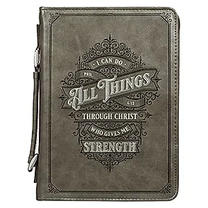 Christian Art Gifts Protective Charcoal Gray Faux Leather Classic Bible Cover Carry Case for Men: All Things Through Christ - Philippians 4:13 Inspirational Bible Verse with Zipper and Pocket, Large