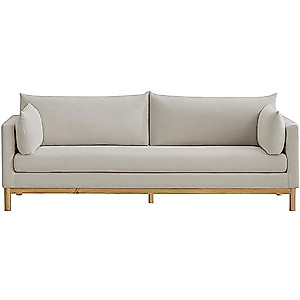 Meridian Furniture 157Beige-S Langham Collection Mid-Century Modern Linen Textured Fabric Upholstered Sofa, Beige Linen Textured Fabric, Natural Finish Wood Base, 89.5" W x 33.5" D x 33" H, Beige