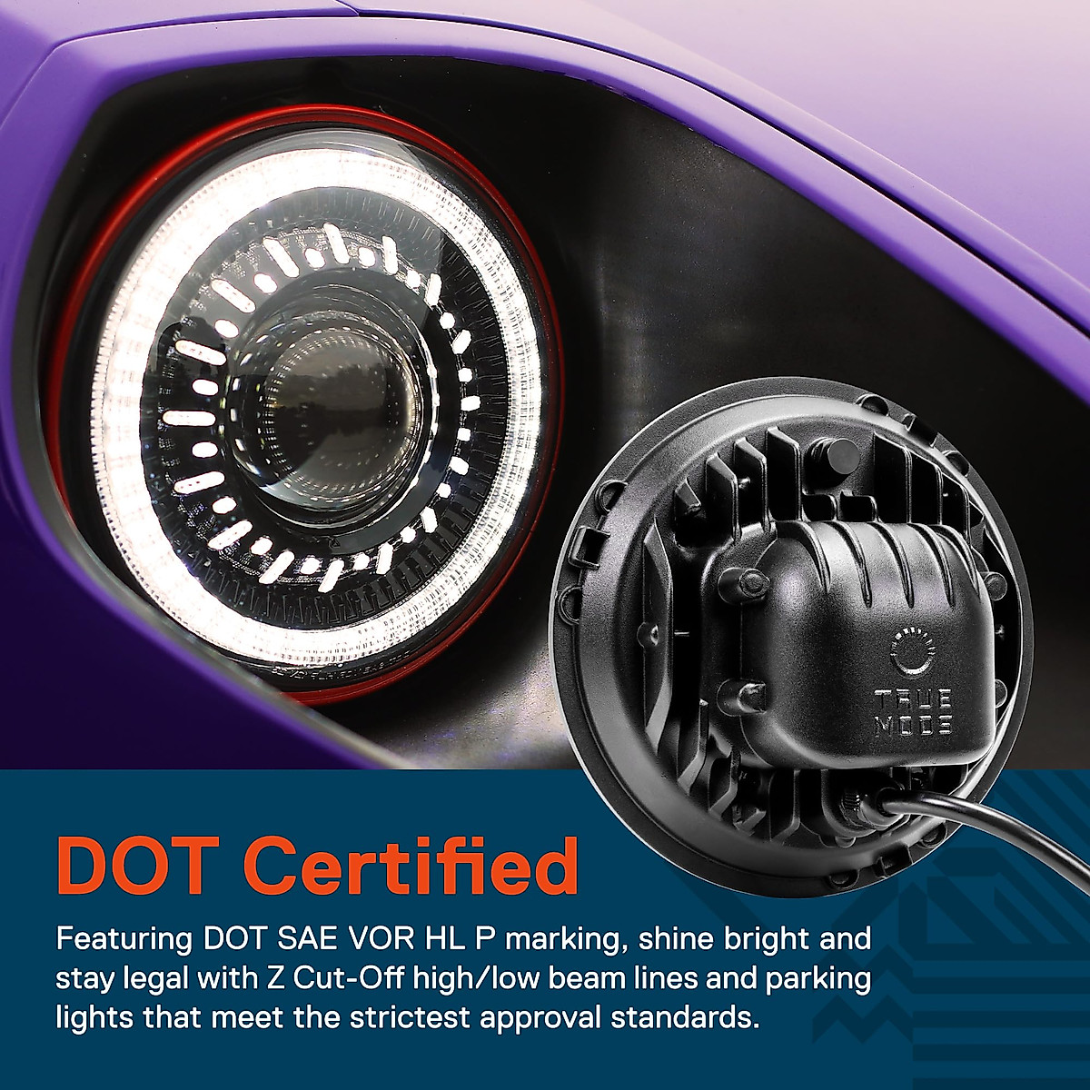 TRUE MODS 7 Inch Round LED Headlight Black H6024 2d1 High Low Sealed Beam [DOT] HALO DRL Turn Signal Replacement for Jeep Wrangler JK JKU TJ CJ Chevy Ford Nissan Hummer H1 H2 Land Rover Defender Mazda