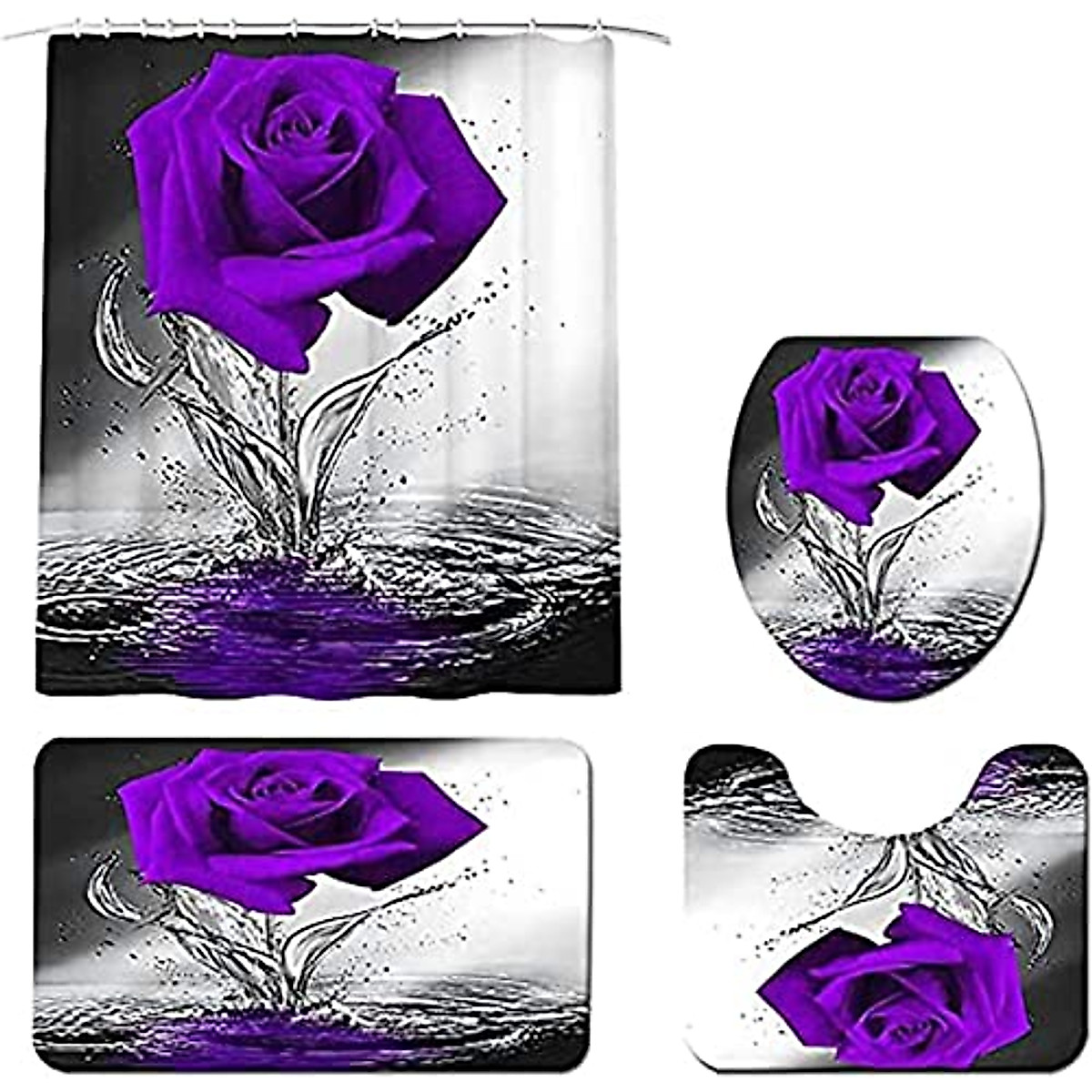 Purple Rose Bathroom Sets with Shower Curtain and Rugs Water Purple Rose Shower Curtain Set with Non-Slip Rugs,Bath Mat,Toilet Lid Cover and 12 Strong Hooks,Modern Style Shower Curtain for Bathroom
