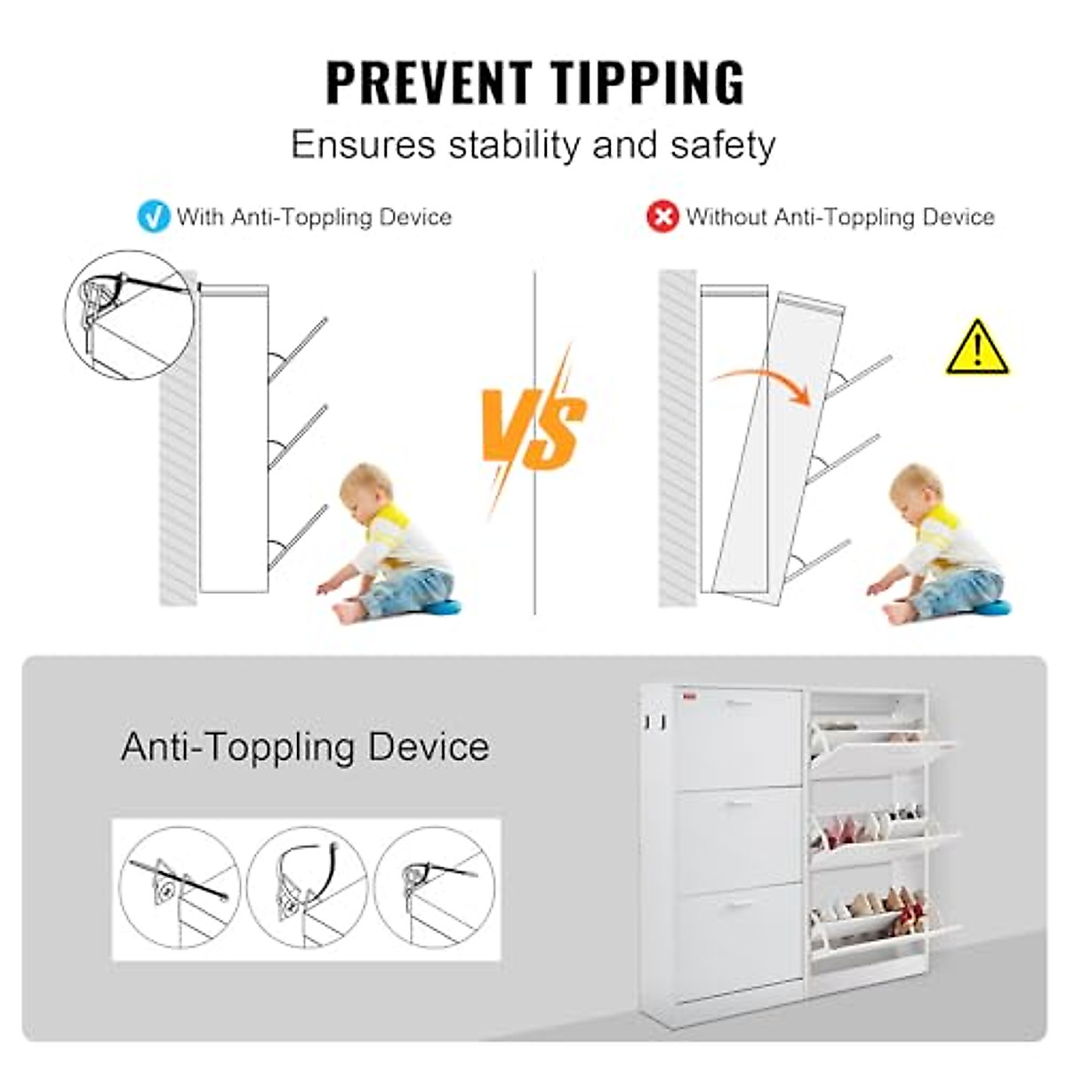 VEVOR Shoe Cabinet with 3 Flip Drawers, Shoe Storage Cabinet for Entryway, Free Standing Shoe Storage Organizer with Side Hooks for Heels, Boots, Slippers in Hallway, Living Room