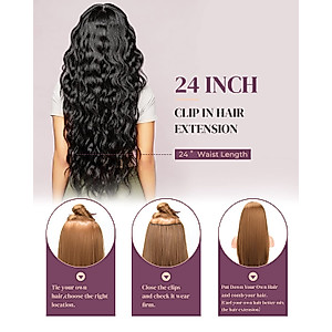 LONAI Clip In Hair Extensions, 6PCS 24" Black Hair Extensions Long Mermaid Waves Wavy Synthetic Clip On Hairpiece For Women（Black）