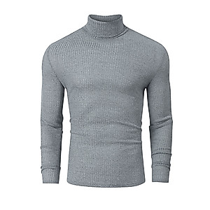 TURETRENDY Men's Stretch Muscle Tshirts Turtleneck Long Sleeve Knit Tees Casual Slim Fit Basic Shirt Tops Gray S