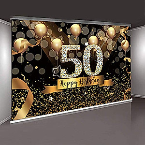 Sensfun 10x8ft Happy 50th Birthday Party Photography Backdrop Glitter Black and Gold Balloons Background for Woman Fabulous 50 Bday Party Decorations Shining Diamond Fifty Years Old Photo Banner