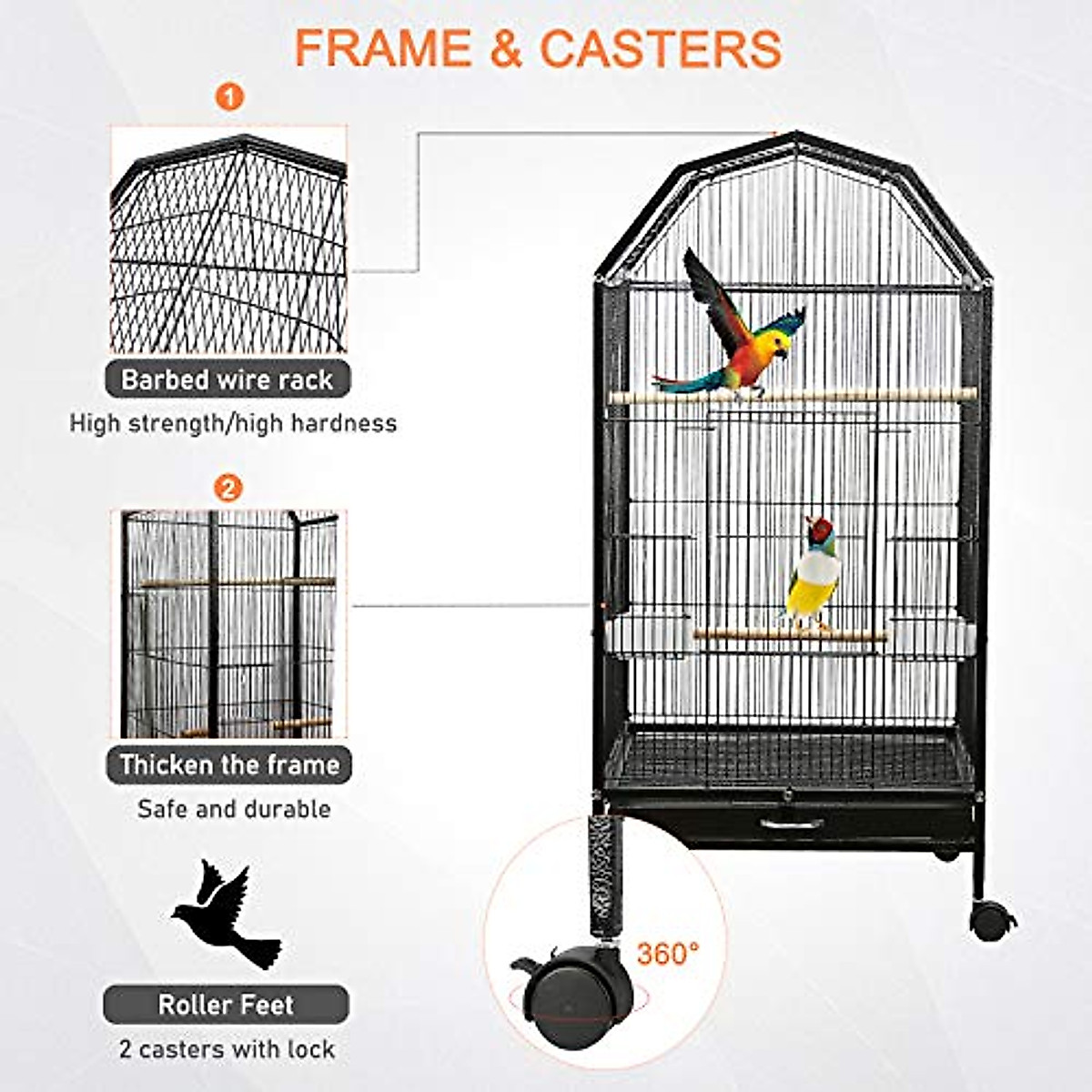 Ibnotuiy Parakeet Bird Cage with Rolling Stand Metal Pet Bird Flight Cages Large for Conure Canary Parekette Macaw Finch Cockatoo Budgie Cockatiels Parrot,Perches Catch Tray Included,Black