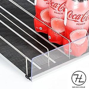 7hole Self Pushing Drink Organizer for Fridge - Can Pusher for Refrigerator - Adjustable Fridge Drink Dispenser for Soda, Beer, Water Bottle, Juice Box - 6 Slots, Easy-to-Assemble Dividers - 15.4x15"