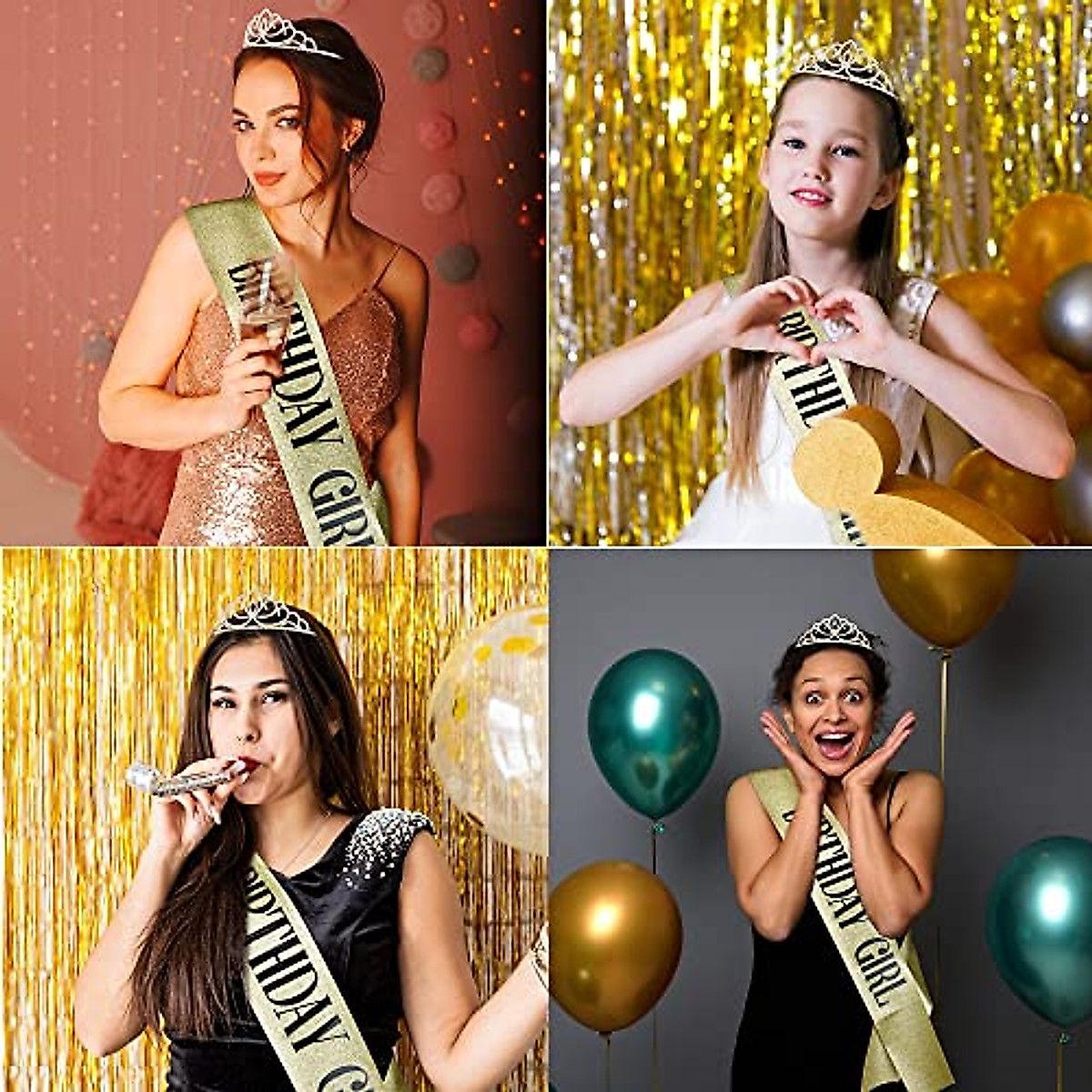 FASOTY Birthday Crown and Birthday Girl Sash Birthday for Women Crowns Tiara for Women and Birthday Sash for Women Birthday Decorations for Girls Rhinestone Crown Princess Birthday Decorations Gold