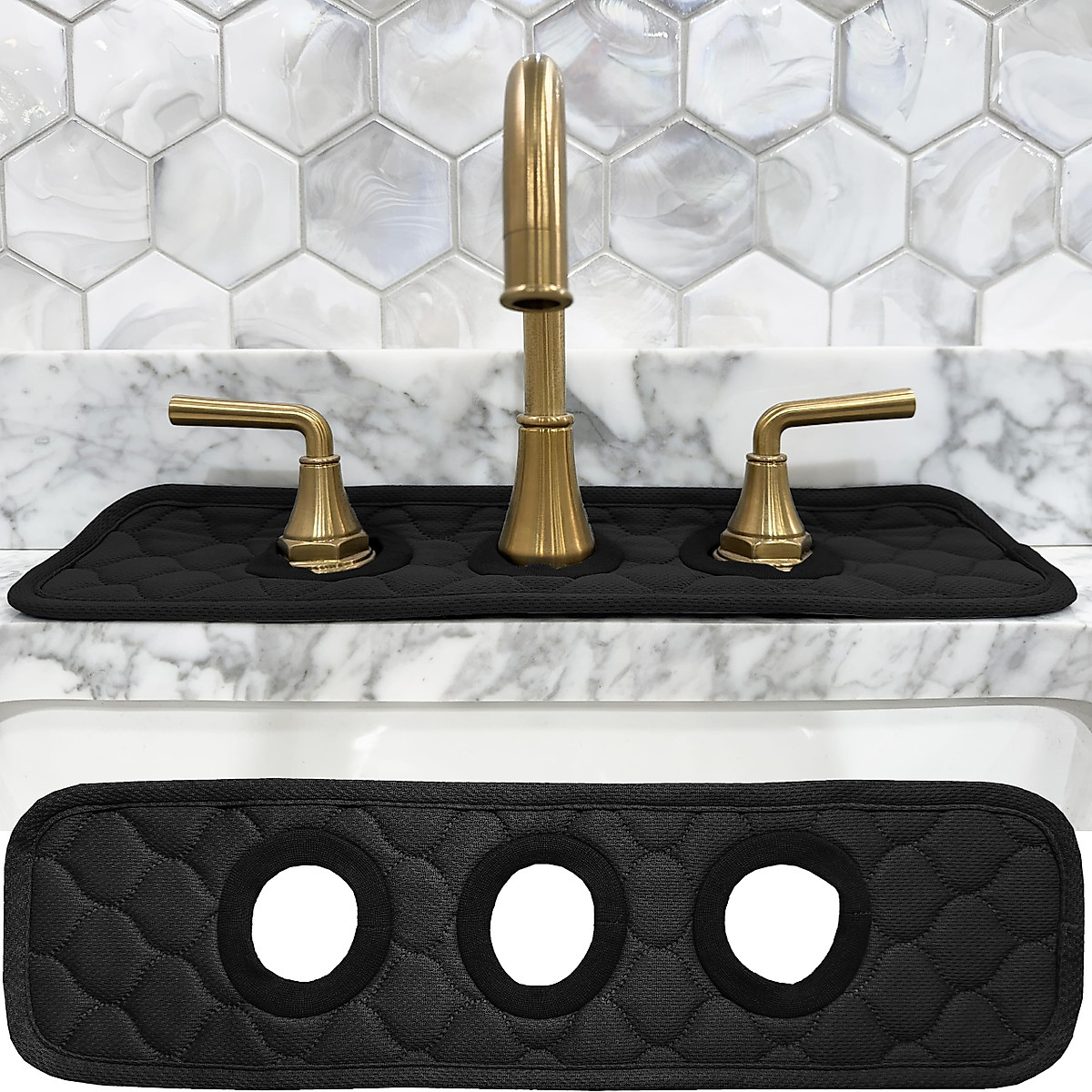 Bathroom Sink Splash Guard 3-Round-Hole : AHA HOMEWARE, Faucet Mat for Bathroom Sink 3 Holes (Black)