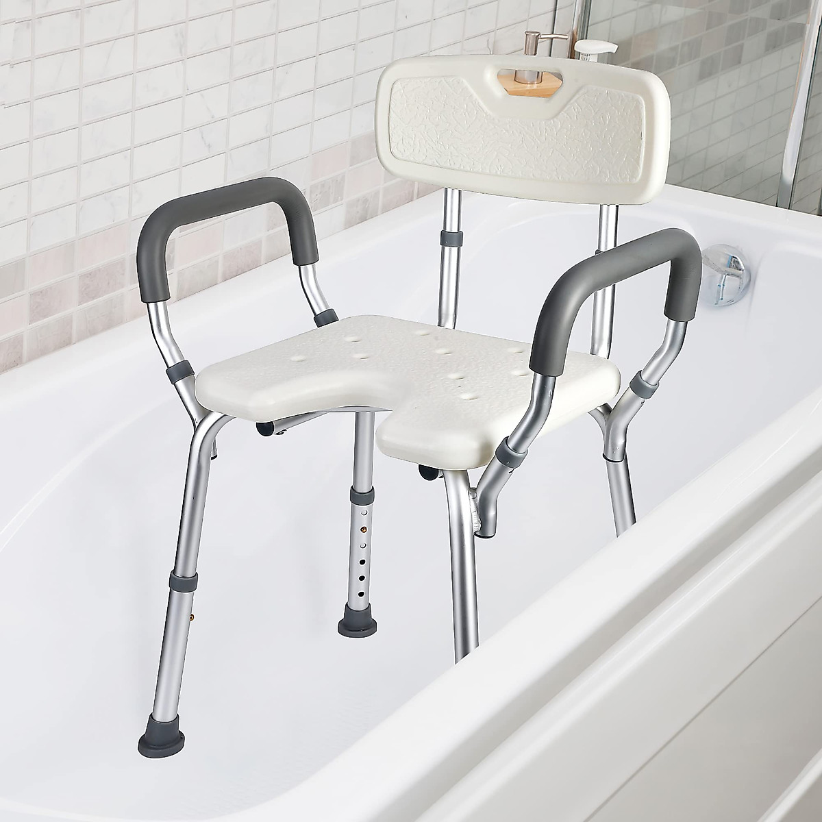 U Shower Chair Seat for Senior up to 350lb Capacity with Padded Armrests for Bathtub Slip Resistant Shower Seat Adjustable Height Shower Chair