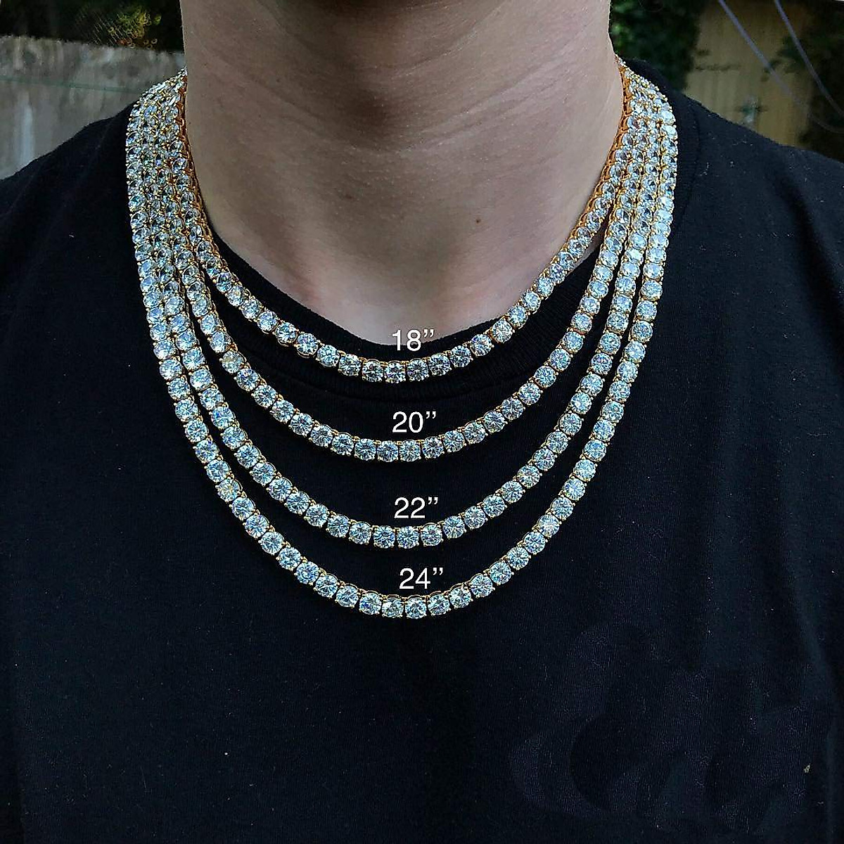 JINAO 18K Gold Plated 1 Row 4MM Rhinestone Iced Out Cubic Zircon Hiphop Tennis Necklace 20"