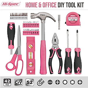 Hi-Spec 42pc Pink Household DIY Tool Set for Women. Home, Office and College Dorm Small Tool Kit of Starter Basic Ladies Tools