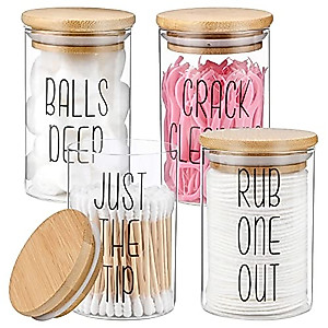 TUZAZO 4 Pack Glass Qtip Holder Apothecary Jars with Bamboo Lids, Clear Bathroom Organizer Storage Canisters Set Bathroom Jars for Cotton Balls, Floss, Cotton Rounds and Cotton Swab Holder