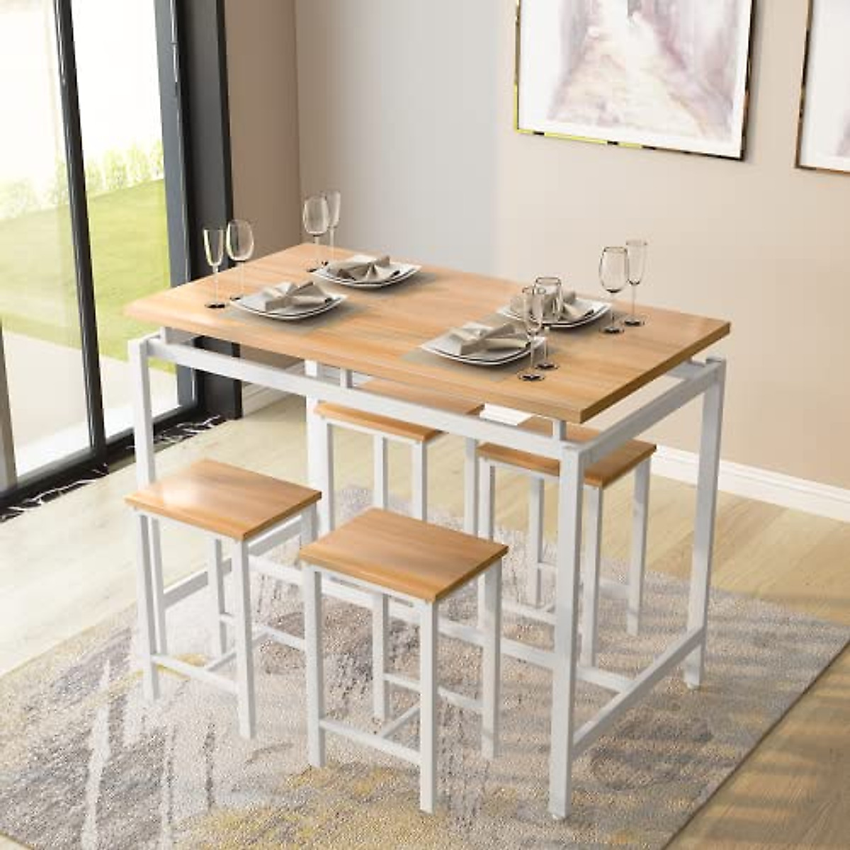 AWQM Bar Table Set,5 Pcs Dining Table Set,Counter Height Table with 4 Chairs,Industrial Kitchen Table and Chairs for 4, Wood Pub Table Set, Dining Room Table Set for Small Spcace,Beige