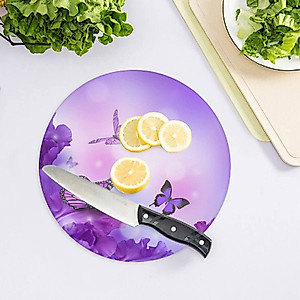 Bagea-Ka Butterfly on Purple Flowers Pattern Tempered Glass Cutting Board 8" Round Kitchen Decorative Chopping Board Small