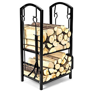 HECASA 29" Firewood Log Rack with 4 Fire Place Tools Fireplace Tool Rack Indoor Outer Wood Holders Firewood Storage Rack with Poker Hook Shovel Duster