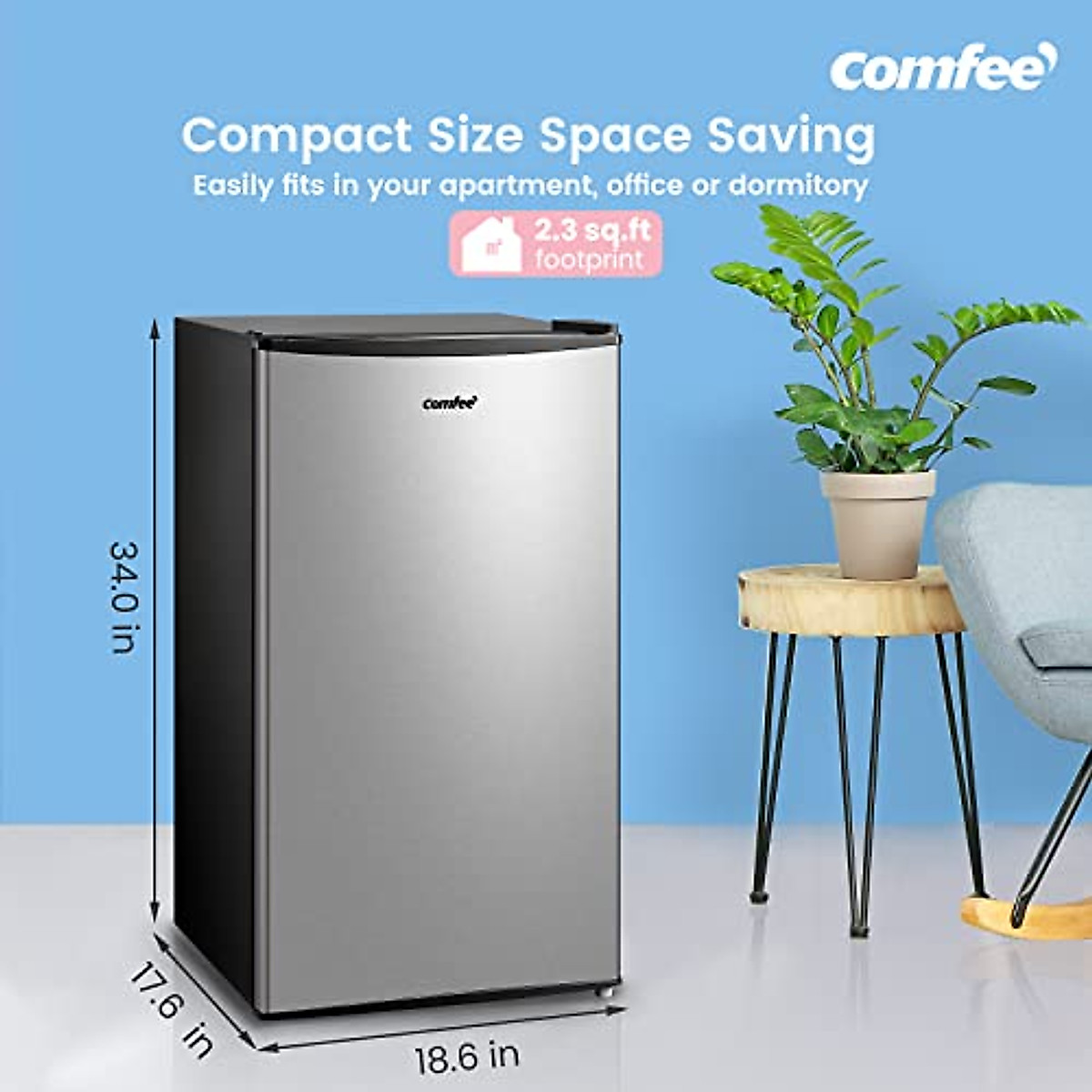 COMFEE' CRM33S3AST Cubic Feet Compact Singel Door Mini Fridge for Bedroom Office Garage Studio Dorm with 3 Removal Glass Shelves Stainless Steel Refrigerator, 3.3 Cuft, Silver