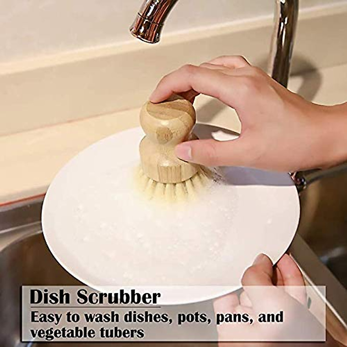 Palm Dish Brush- Bamboo Full Circle Dish Brush 3 Packs,Mini Pot Brush Natural Scrub Brush Durable Scrubber Cleaning Kit with Union Fiber and Tampico Fiber for Cleaning Pots, Pans and Vegetables