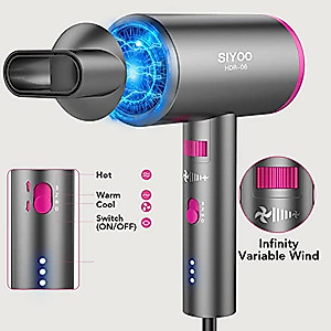 SIYOO Hair Dryer with Diffuser, 1600W Ionic Blow Dryer, Constant Temperature Hair Care Without Hair Damage, Lightweight Portable Travel Hairdryer