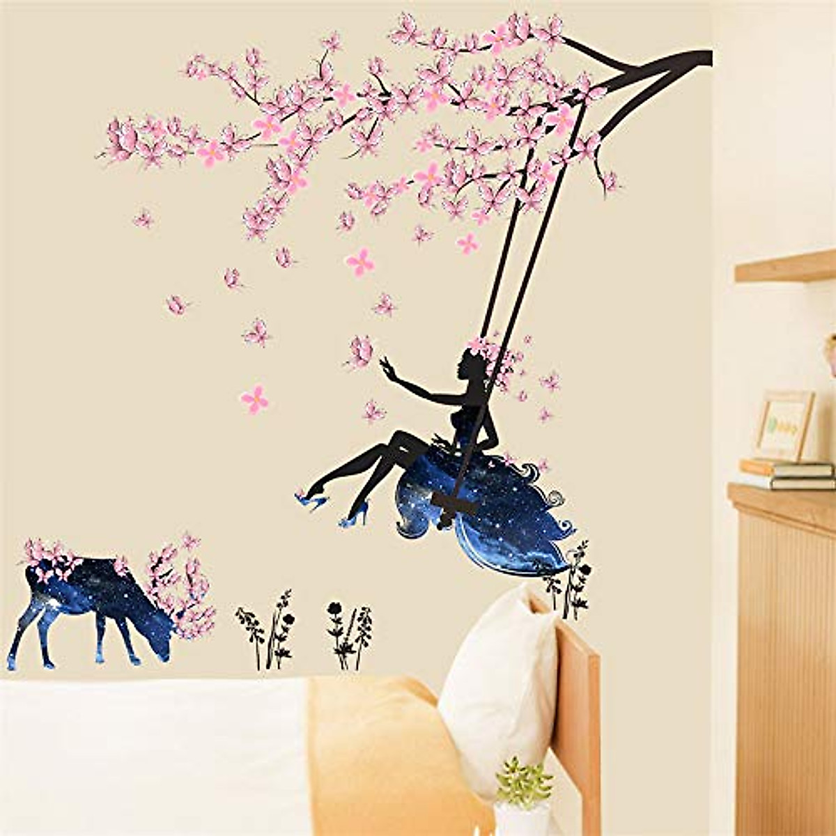 HU SHA Plum Blossom Scenery Wall Stickers Plum Blossom Tree Branch Girls Removable Vinyl Wall Decals for Living Room, Girls Room, Nursery Decoration (2 Sheet 11.8 x 35.4 inches Size)