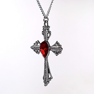 Medieval Renaissance Cross with Red Stone Silver Finish Pendant Necklace