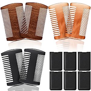 Natural Sandalwood Dual Action Beard and Moustache Combs with Faux Leather Cases (6 Pieces, Yellow, Black, Reddish Brown)