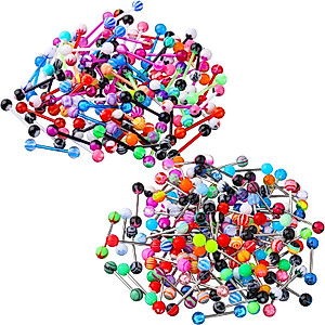 Jadive 200 Pieces Mix Tongue Rings Set Acrylic Bar Stainless Steel Bar Tongue Rings 14G 16 mm Straight Barbell Tongue Rings women Nipple Ring tongue piercing jewelry, Assorted Colors