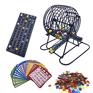 JUNWRROW Deluxe Bingo Game Set with 6 Inch Cage, Master Board,75 Colored Balls a Bag, 50 Cards, and 500 Color Mix Chips Ideal for Large Groups