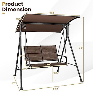 Tangkula 2 Person Porch Swing, Patio Swing with Adjustable Canopy, Padded Seat, Curved handrails & Heavy-Duty Metal Frame, Outdoor Swing for Yard, Garden, Poolside (Brown)