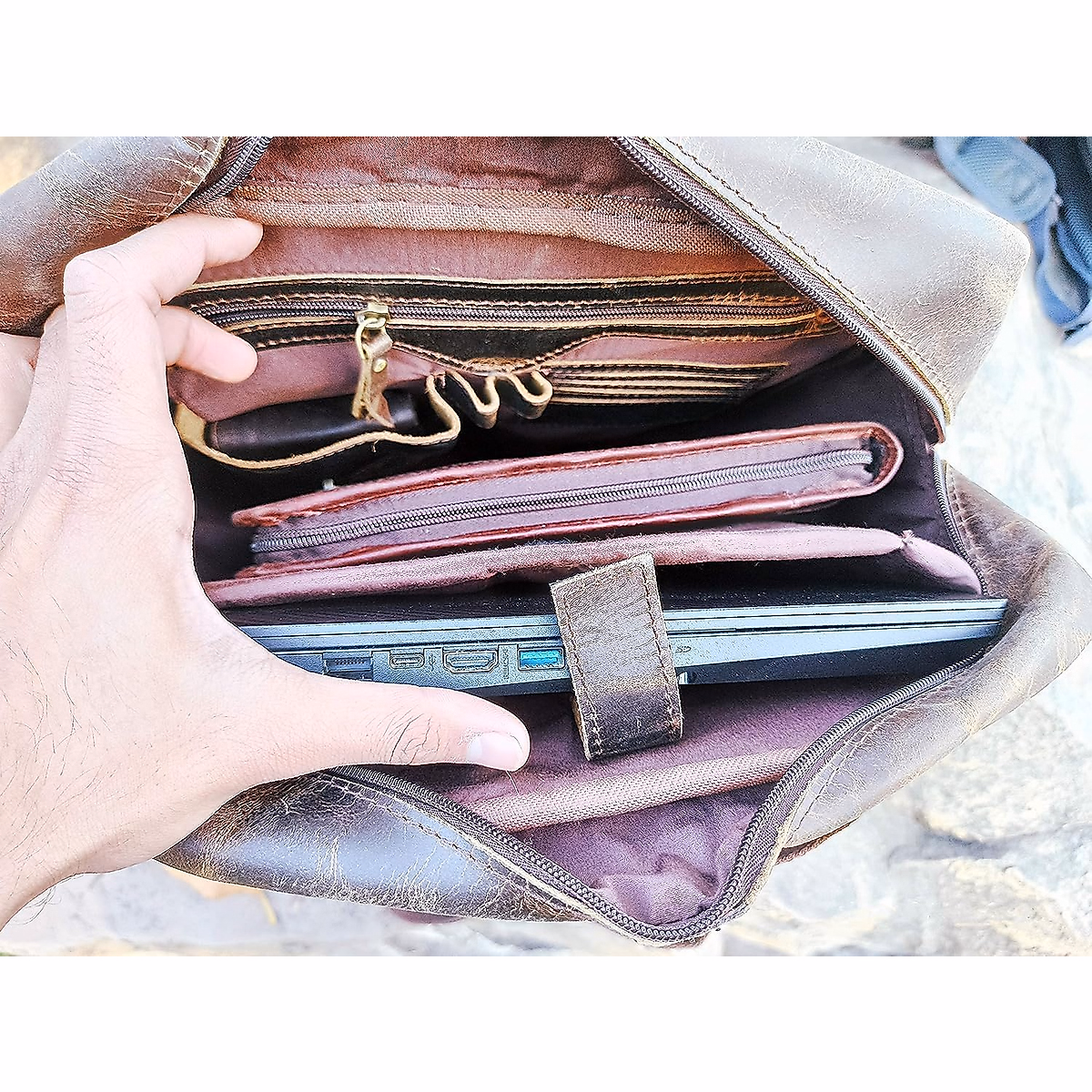 Buffalo Leather Backpack Multi Pockets Daypack Travel Laptop Bag for Men Women