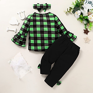 YOUNGER TREE Toddler Girl St Patricks Day Outfits Four-Leaf Clover Sweatshirt Clothes Saint Patrick's Day Ruffle T Shirt Tops + Bell Bottoms Pants (Green Plaid A, 4-5T)