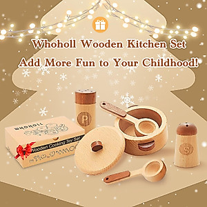 WHOHOLL Wooden Toys Play Kitchen Accessories, Montessori Toys for 1 2 3 4 5 + Years Old Toddlers, Toy Kitchen Play Dishes & Play Food Playset, Birthday Sets for Kids Girls Boys