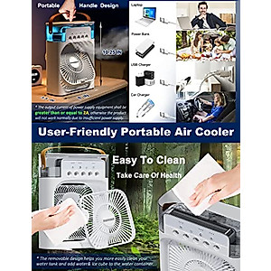 4-IN-1 Portable Air Conditioners Fan, Personal Mini Air Conditioner with 3-Speeds/5 Humidifier Misting Hole/7 Colors Light, USB Handle Evaporative Cooler with Auto Timer for Room Office Travel (ST-02)