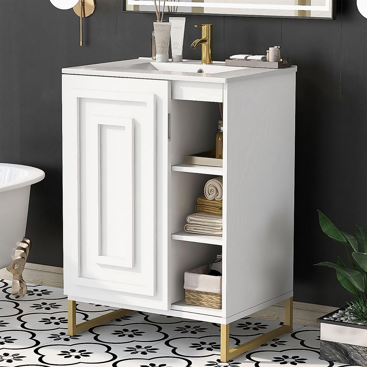 Appot 24inch Bathroom Vanity Sink Combo for Small Space, Bath Room Vanities with Ceramic Basin, Gold Legs and Semi-Open Storage(Faucet Not Included)